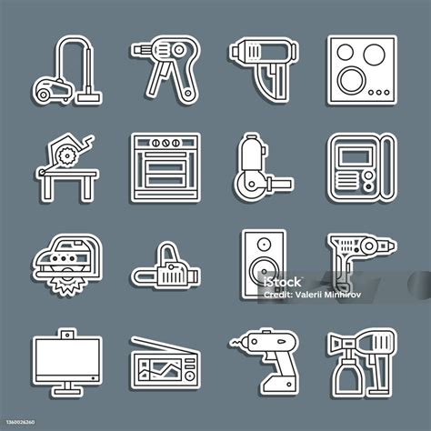 세트 라인 페인트 스프레이 건 전기 드릴 머신 하우스 인터콤 시스템 산업 건조기 오븐 목공 진공 청소기 및 앵글 그라인더 아이콘을 위한 테이블 톱 벡터 가사 집안일에 대한