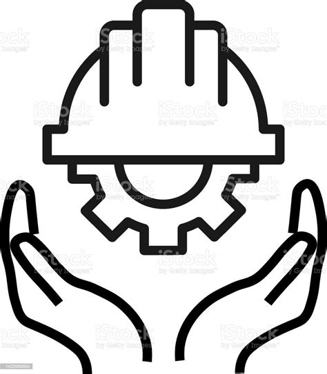 지원 현재 및 자선 개념 검은 색 얇은 선으로 그려진 현대 벡터 기호 편집 가능한 스트로크 기어와 빌더의 벡터 라인 아이콘 뻗은 손 위에 헬멧 개념에 대한 스톡 벡터 아트