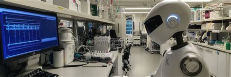 Robot Analyzing Data In A High Tech Laboratory Focused On Advanced Research And Development