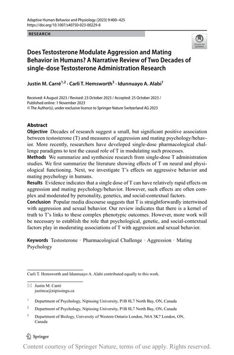 Does Testosterone Modulate Aggression And Mating Behavior In Humans A