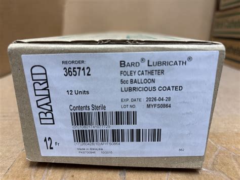 New Bard 365712 Bardex Lubricath Hydrogel Foley Catheter 12 Fr 5 Ml