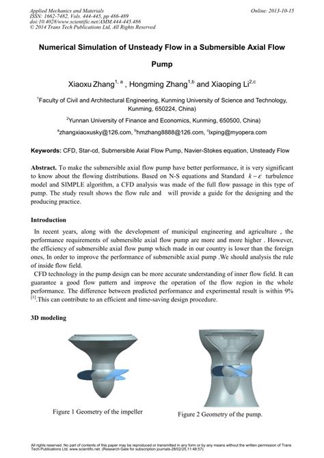 Numerical Simulation Of Unsteady Flow In A Submersible Axial Flow Pump
