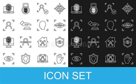 Set Line Palm Print Recognition Shield Eye Scan Eye Face Laptop With Fingerprint And Icon