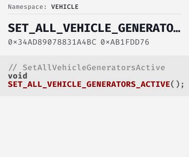 SetAllVehicleGeneratorsActive FiveM Natives Cfx Re Docs