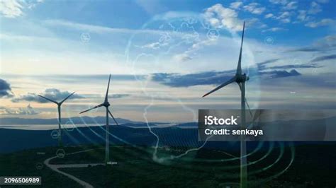 대체 에너지 풍력 발전 단지 전기를 생산하는 수평축 풍력 터빈의 조감도 풍력 에너지 청정 재생 에너지 기술 풍력 발전소 애니메이션 시각화 개념입니다 바람에 대한 스톡 사진