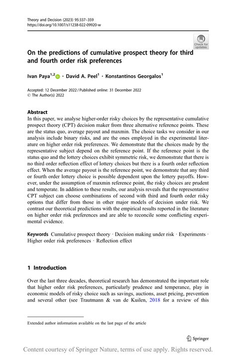 Pdf On The Predictions Of Cumulative Prospect Theory For Third And Fourth Order Risk Preferences