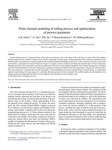 Pdf Finite Element Modeling Of Rolling Process And Optimization Of