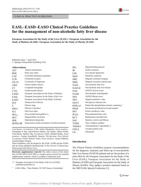 Easl Easd Easo Clinical Practice Guidelines For The Management Of Non Alcoholic Fatty Liver Disease