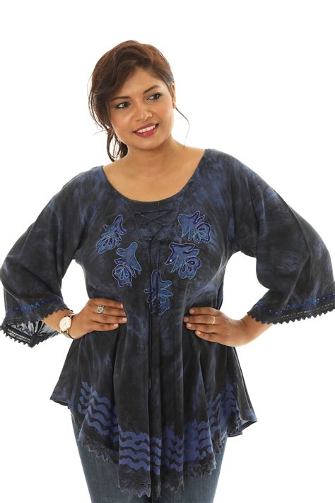 Womens Plus Size Tie Dye Embroidered Neck 34 Sleeves Tunic Top Boho Plus Size Tunic Top Tie