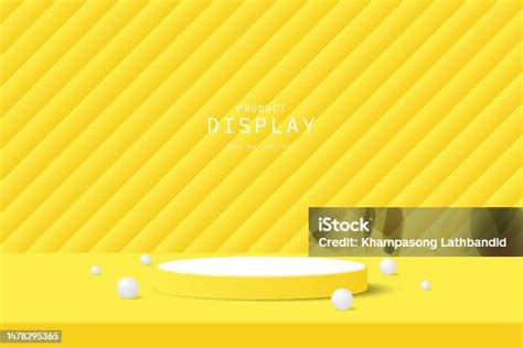 현실적인 노란색과 흰색 3d 실린더 받침대 연단은 책상 테이블에 기울어진 모양 배경과 구체 공 제품 디스플레이 프레젠테이션 쇼케이스를 위한 무대 스튜디오 룸 최소한의 장면