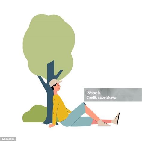 도시 공원 플랫 벡터 일러스트 고립 에서 나무 아래 잔디에 휴식 남자 게으름에 대한 스톡 벡터 아트 및 기타 이미지 게으름 남자 텔레비전만 보는 사람 Istock