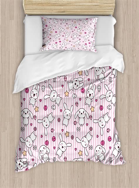Cartoon Duvet Cover Set Loveable Bunnies Numerous Facial Expressions
