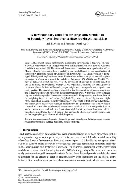 Pdf A New Boundary Condition For Large Eddy Simulation Of Boundary Layer Flow Over Surface