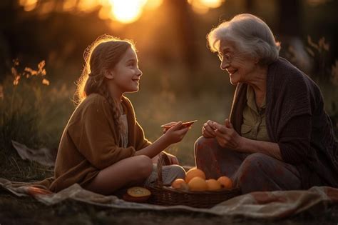 Una Ni A Y Su Abuela Se Sientan En Una Manta En Un Campo La Ni A Sostiene Una Canasta De