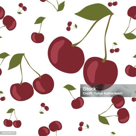 체리 심리스 패턴 흰색 벡터 그림에 분리된 납작한 과일 끝없는 여름 배경 피크닉 담요 수영복을 위한 디자인 아트 직물 포장지 엽서 배너를 위한 템플릿입니다 0명에 대한 스톡