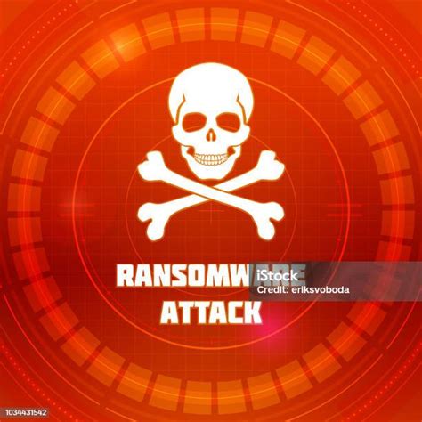 랜 섬 바이러스 악성 코드 공격의 상징입니다 두개골 그리고 빨간색 배경의 Hud 사이버 공간에 교차 뼈 사이버 범죄 사이버 보안 인터페이스의 개념의 경고의 패턴입니다 벡터