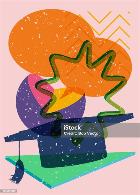 말풍선과 다채로운 기하학적 모양이 있는 졸업 모자 트렌디한 리소 그래프 디자인의 교육 개념 기하학 요소 추상 리소그래프 인쇄