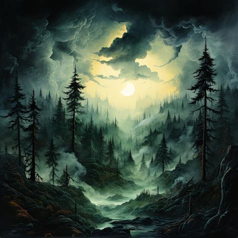 Premium Ai Image Distorted And Contorted Pine Trees Casting Eerie And