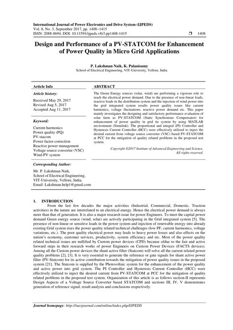 Pdf Design And Performance Of A Pv Statcom For Enhancement Of Power Quality In Micro Grid