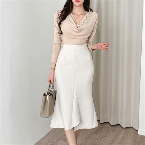 [핏 완전 예뻐요 ] 포엘 인어 머메이드 하이웨스트 언발 미디 롱 스커트 에이블리