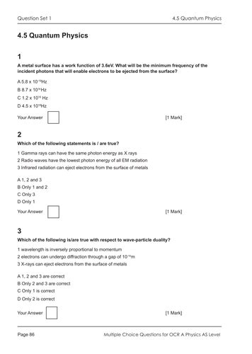 45 Quantum Physics Ocr A Physics As And A Level Multiple Choice Questions Teaching Resources