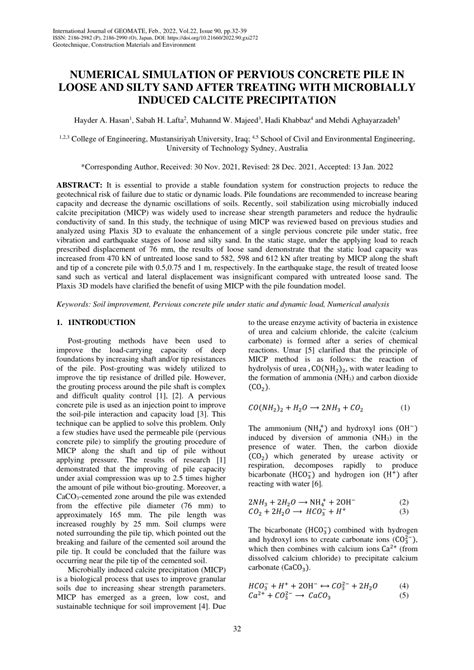 Pdf Numerical Simulation Of Pervious Concrete Pile In Loose And Silty Sand After Treating With