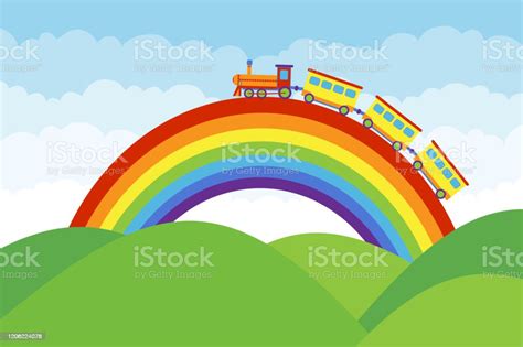 어린이 기차는 무지개를 타고 어린이 장난감 기차는 만화 무지개에 타고 벡터 기차 장난감의 만화 그림 벡터 아이에 대한 스톡 벡터 아트 및 기타 이미지 Istock