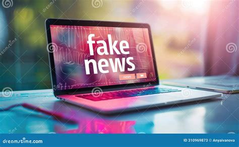 A Laptop Computer Sitting On Top Of A Desk Words Fake News On A Screen Stock Image Image Of