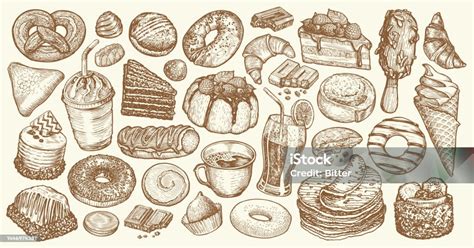 손으로 그린 컬렉션 달콤한 디저트 카페 또는 레스토랑 메뉴에 대한 음식 및 음료 스케치 세트 빈티지 벡터 일러스트 레이 션 도넛에 대한 스톡 벡터 아트 및 기타 이미지