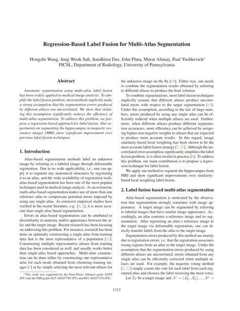 Pdf Regression Based Label Fusion For Multi Atlas Segmentation