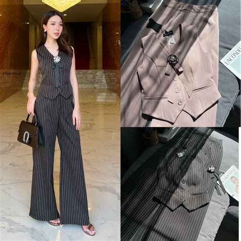 ชุดset3ชิ้น พร้อมเข็มกลัดดอกไม้ เสื้อและกางเกงขายาวลายสก็อต Shopee Thailand