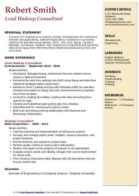 hadoop consultant resume samples qwikresume