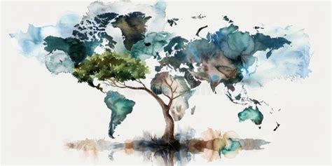 Environmental Unity Concept With Tree Over World Map In Watercolor