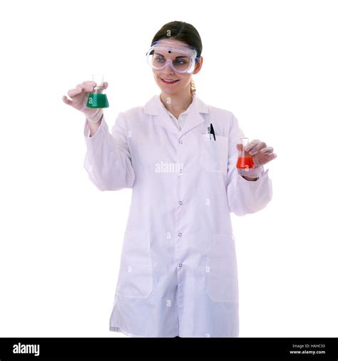 Female Assistant Scientist In White Coat Over Isolated Background Stock