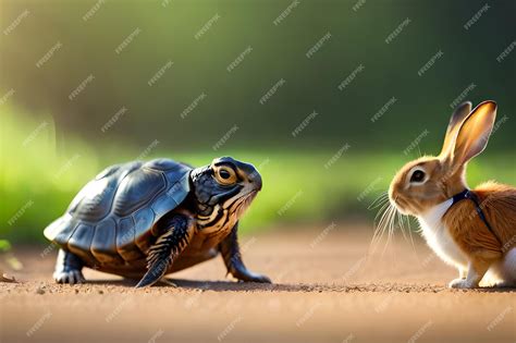 Premium Photo A Turtle And A Rabbit Looking At Each Other
