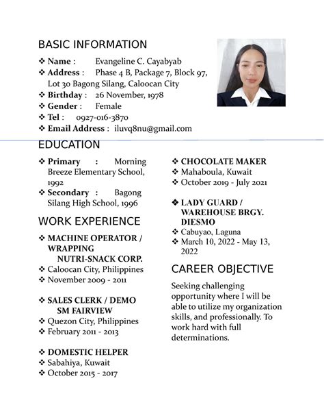 Simple Resume Basic Information Name Evangeline C Cayabyab Address