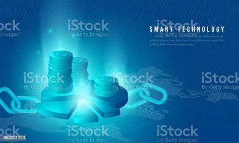 큰 데이터 처리 미래 데이터 센터 Cryptocurrency 및 Blockchain 아이소메트릭 구성 스마트 오브젝트와 스마트 기술 디자인의 에너지 역의 개념 작업