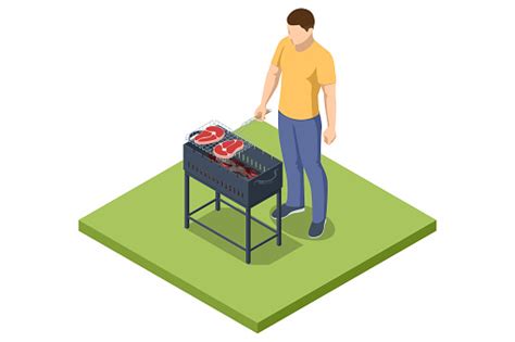 다양한 고기와 야채를 화염으로 요리하는 그릴을 특징으로 하는 아이소 메트릭 Bbq 장면 이 설정은 야외 바베큐의 본질을 포착하여 모임과 캐주얼한 여름 요리에 적합합니다