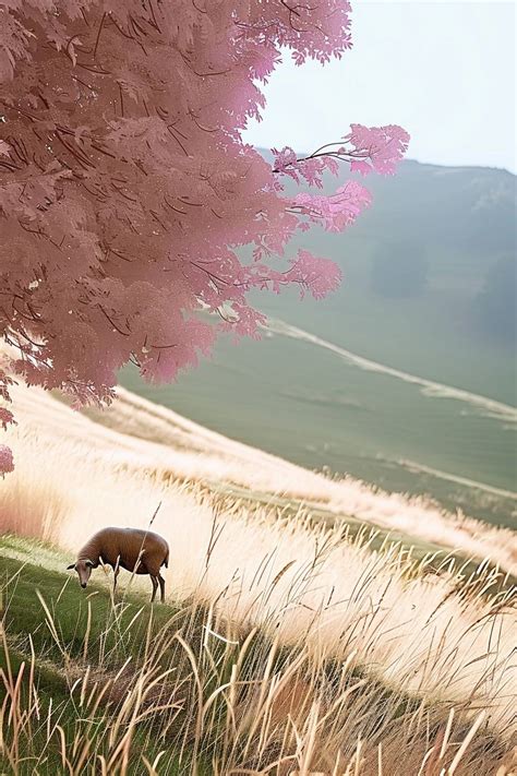 멀리 풀밭에 양이 있고 항공 뷰로 포토 리얼리틱한 풍경과 미니멀한 배경을 보여줍니다