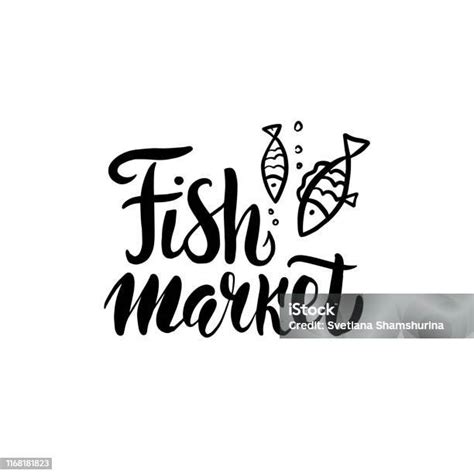물고기 시장 손으로 그린 물고기와 함께 글자 로고 해산물 메뉴 카드 광고 포스터 전단지 초대장 배너를위한 독특한 브러시 타이포