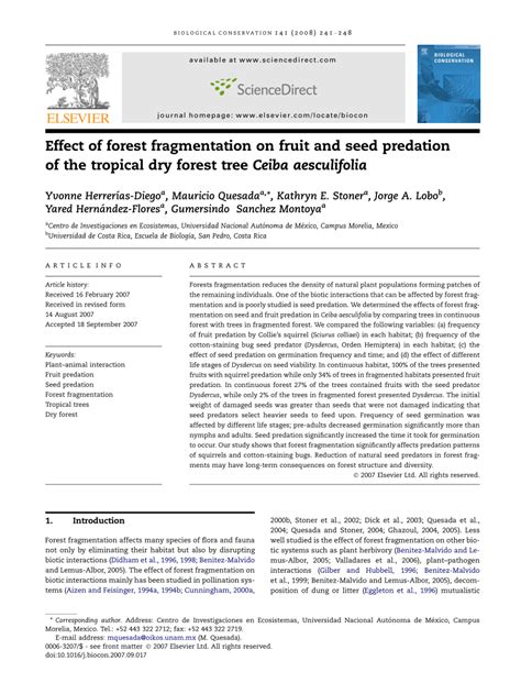 Pdf Effect Of Forest Fragmentation On Fruit And Seed Predation Of The