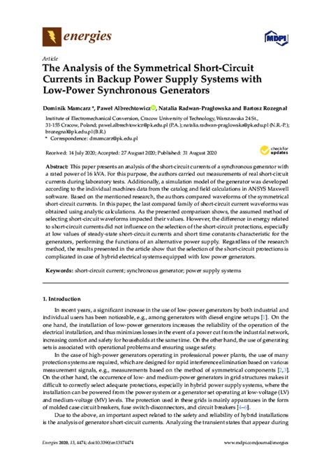 Pdf The Analysis Of The Symmetrical Short Circuit Currents In Backup Power Supply Systems With