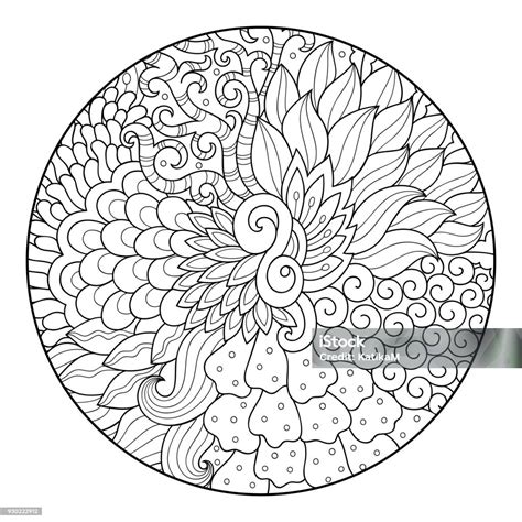 책 페이지를 착 색 라운드 꽃 패턴을 설명 합니다 Antistress 성인과 어린이 위한 색칠 공부입니다 흑인과 백인 낙서 패턴입니다 손 그리기 벡터 일러스트입니다 강렬하고