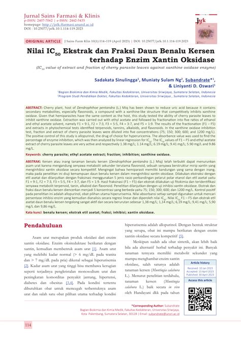 Pdf Nilai Ic50 Ekstrak Dan Fraksi Daun Benalu Kersen Terhadap Enzim