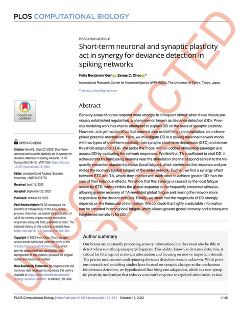 Pdf Short Term Neuronal And Synaptic Plasticity Act In Synergy For Deviance Detection In