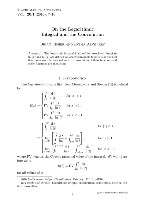 Pdf On The Logarithmic Integral And The Convolution