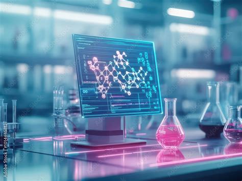 Futuristic Chemistry Lab Holographic Molecular Diagrams Neon Lights Advanced Research Setting