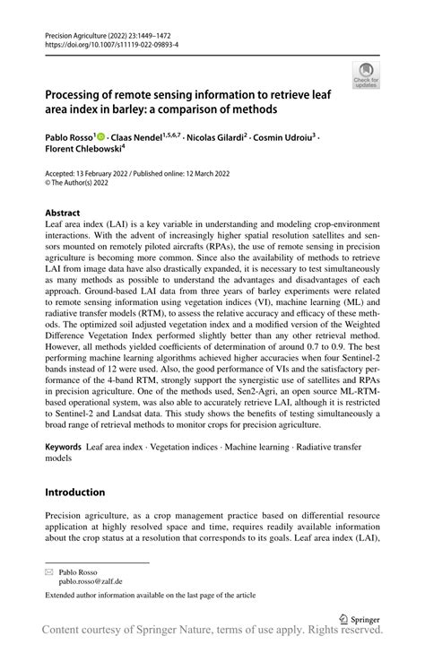 Pdf Processing Of Remote Sensing Information To Retrieve Leaf Area Index In Barley A