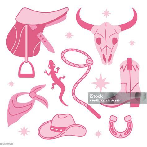 카우걸 핑크 핵심 패션 요소 컬렉션 카우보이 서부와 서부 개척 시대 테마 세트 손으로 그린 벡터 그림입니다 분홍에 대한 스톡 벡터 아트 및 기타 이미지 Istock