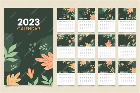 플랫 2023 월간 달력 템플릿 템플릿 프리미엄 벡터